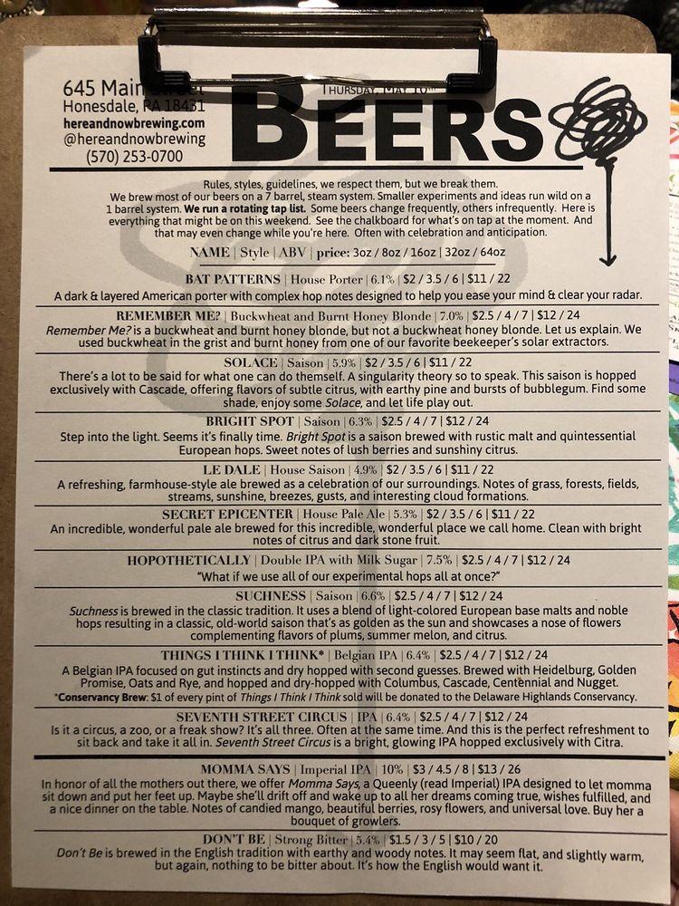 Menu at Here & Now Brewing Company restaurant, Honesdale
