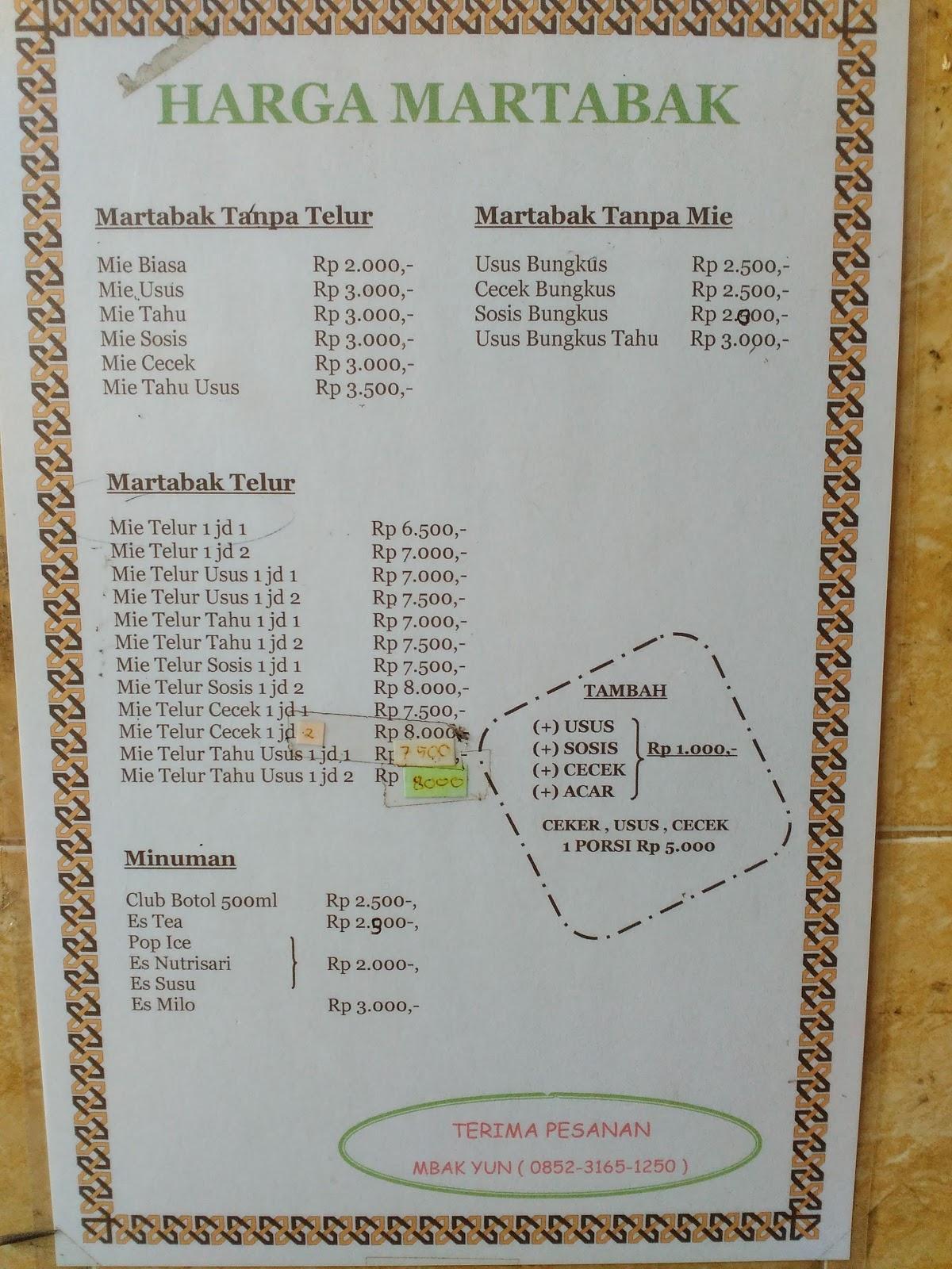 Menu at Martabak Mbak Yun restaurant, Gresik