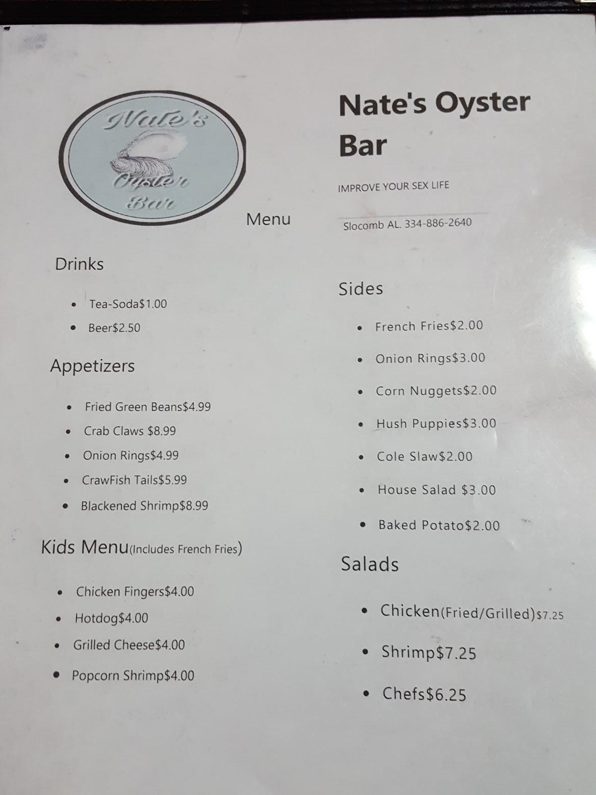 Menu at Nate's Oyster Bar, Slocomb, 342 Harris Hwy