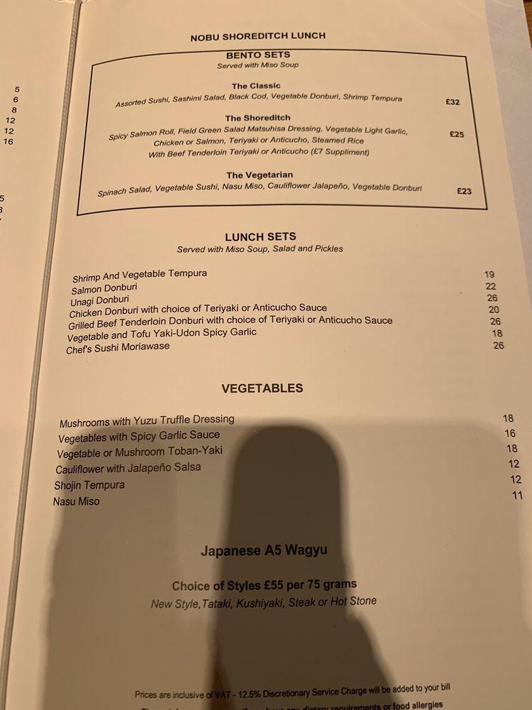 Menu at Nobu Restaurant London Shoreditch, London