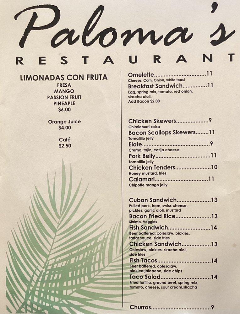Menu at Paloma's Restaurant, Old Orchard Beach