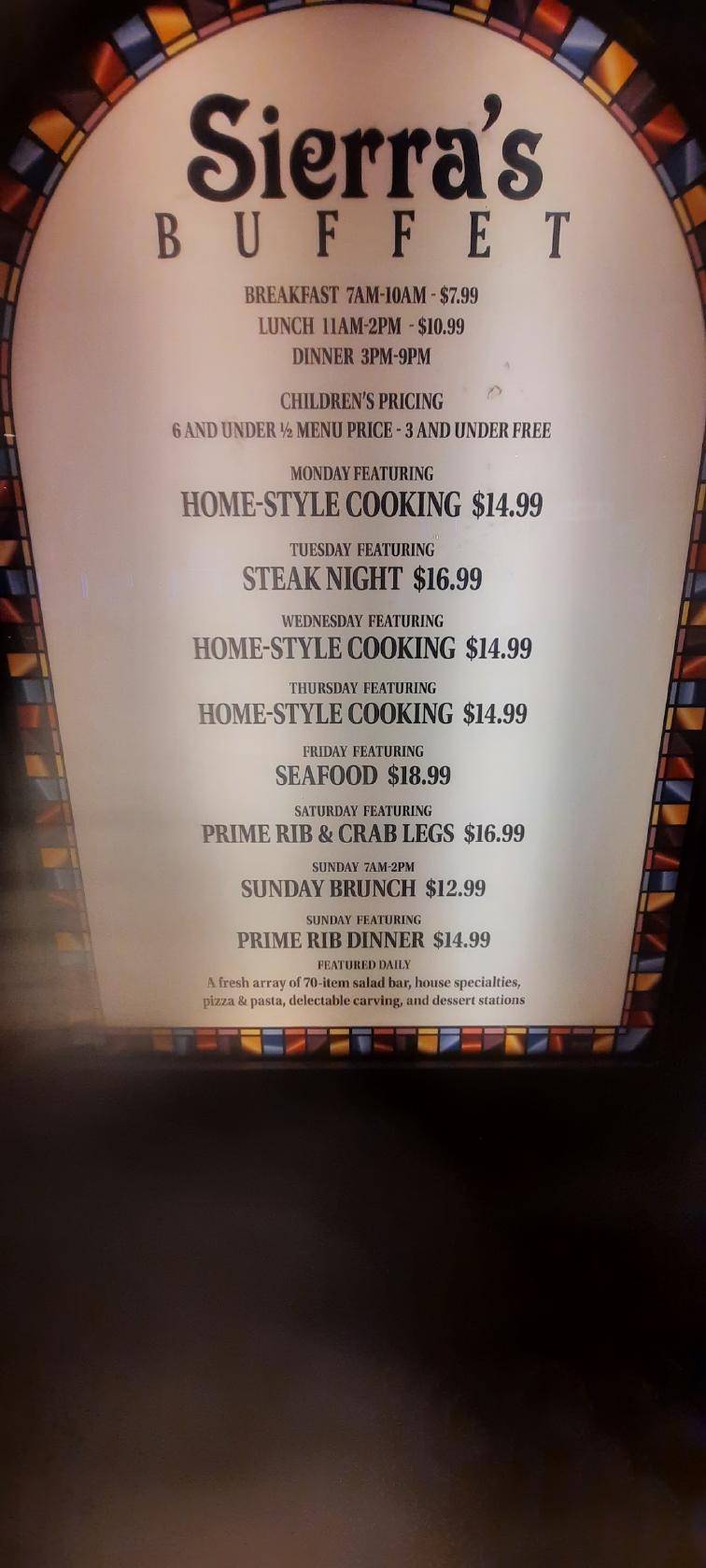 Menu at Sierra's Buffet restaurant, Mesquite, 100 E Pioneer Blvd