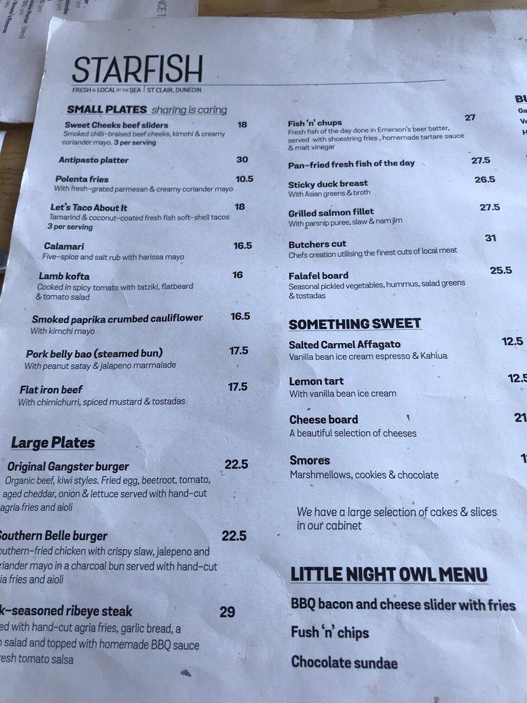 Menu at Starfish Cafe & Bar, Dunedin, 240 Forbury Rd