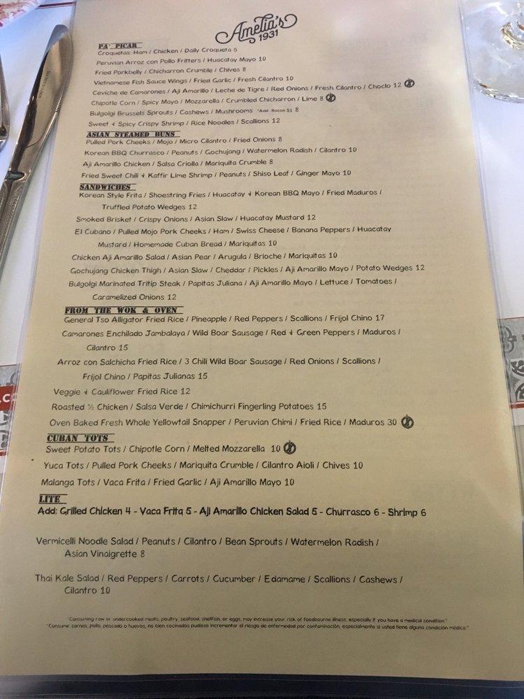 Menu at Amelia's 1931 restaurant, Tamiami, SW 26th St