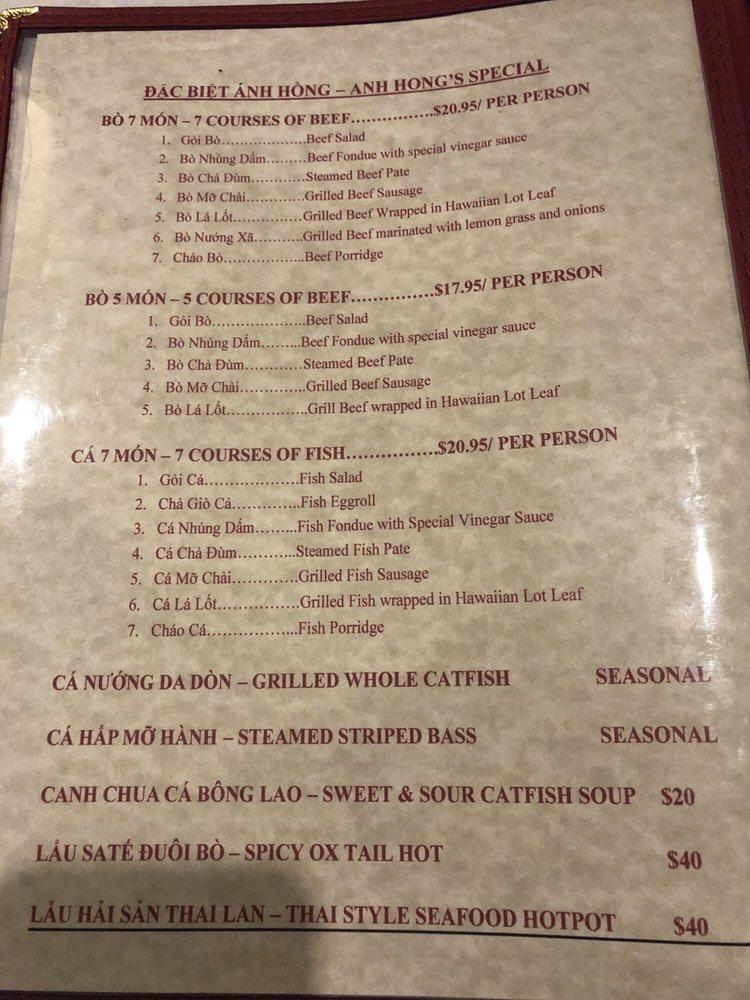 Menu at Anh Hong Restaurant, San Jose