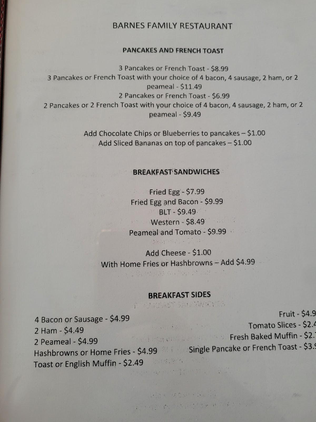 Menu at Barnes Family Restaurant, London