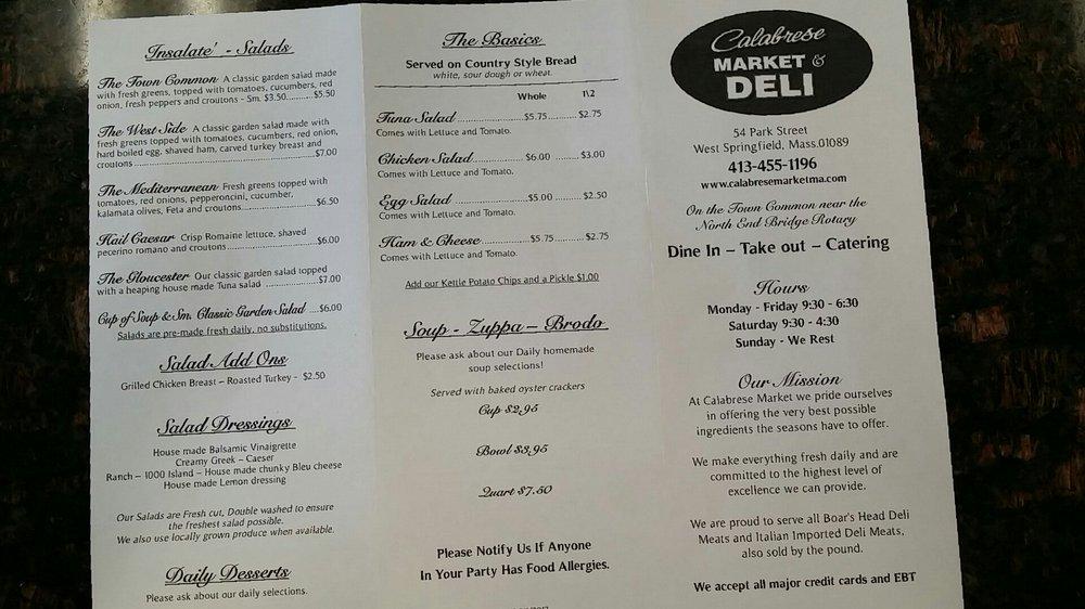 Menu at Calabrese Market restaurant, West Springfield