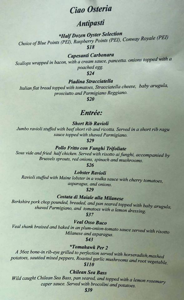 Menu at Ciao Osteria restaurant, Centreville