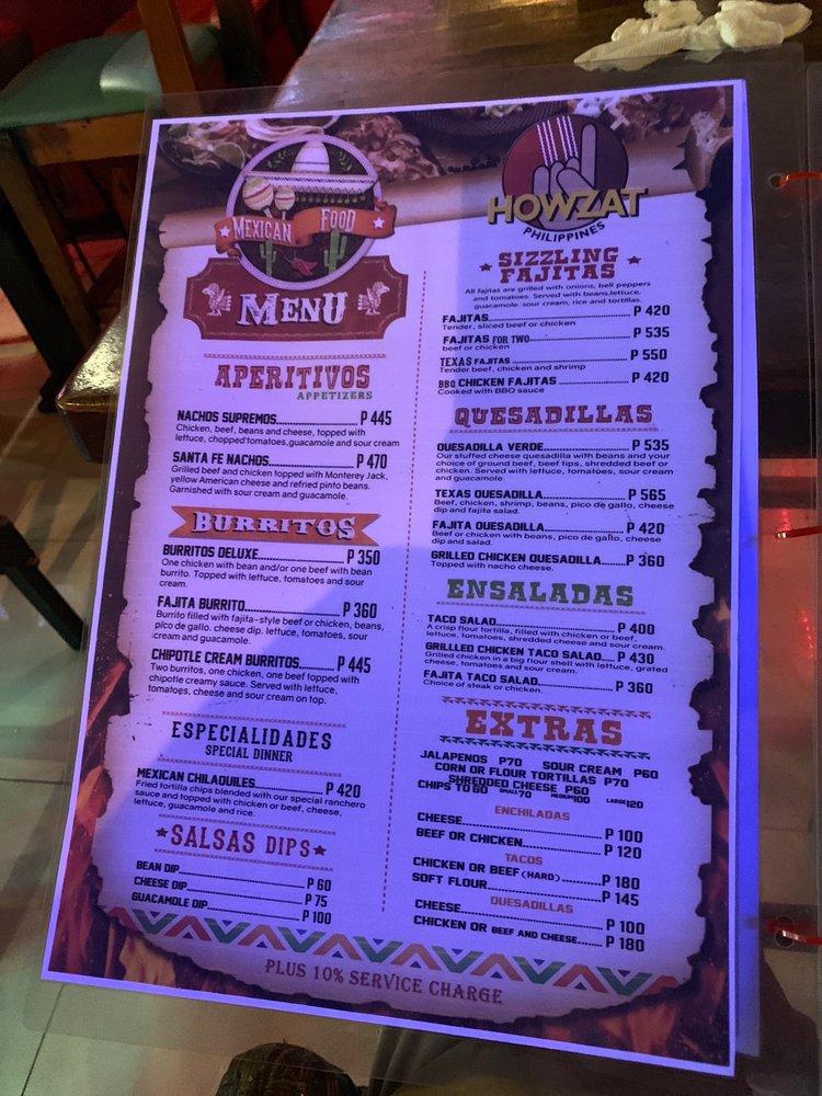Menu at Howzat Sports Bar, Makati