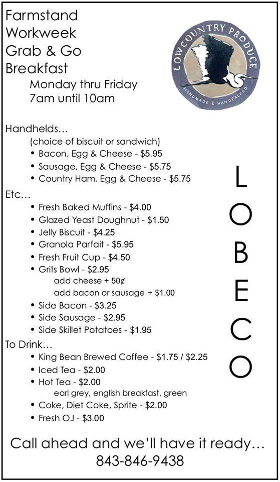 Menu at Lowcountry Produce restaurant, Lobeco, Trask Pkwy