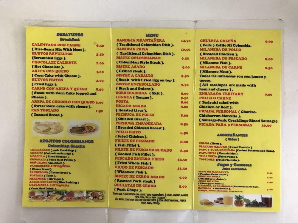 Menu at Mi Colombia cafeteria Miami Beach, Miami Beach