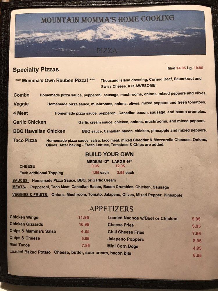 Menu at Mountain Mommas restaurant, USA