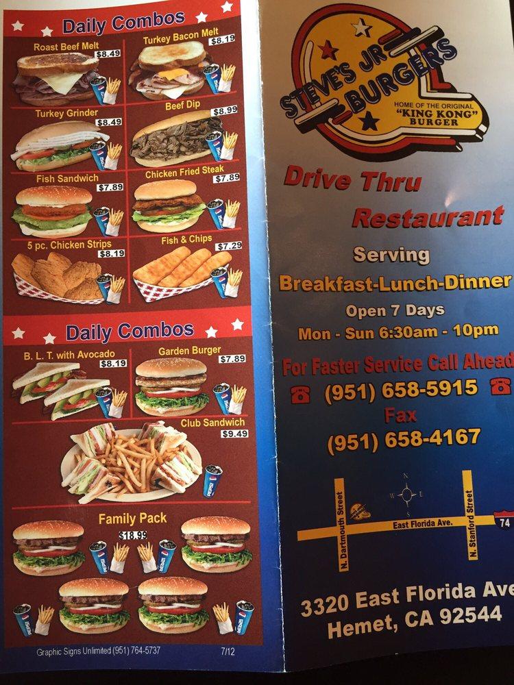 Menu at Steve's Jr Burgers restaurant, Hemet