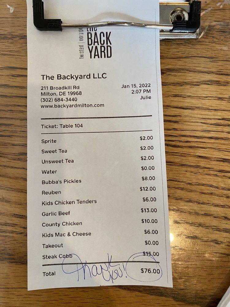 Menu at The Backyard restaurant, Milton