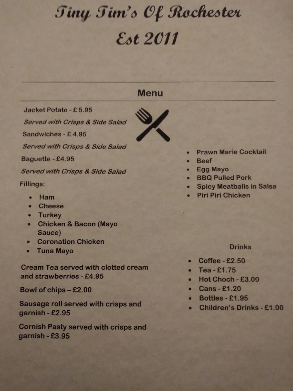 Menu at Tiny Tim's Of Rochester cafe, Rochester