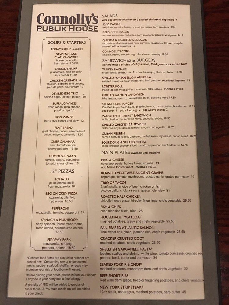 Menu at Connolly's Publik House, Boston, 1 Hotel Dr
