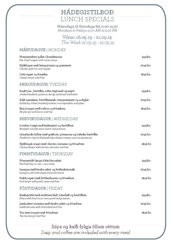 Menu at Geysir Bistro Reykjavík restaurant, Iceland