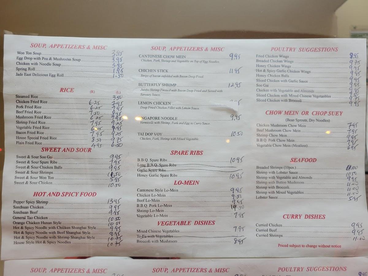 Menu at Jade East Chinese Food restaurant, Toronto