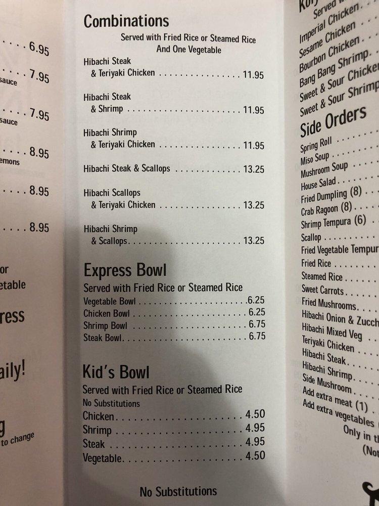 Menu at Koiya Japanese Express restaurant, Vidalia