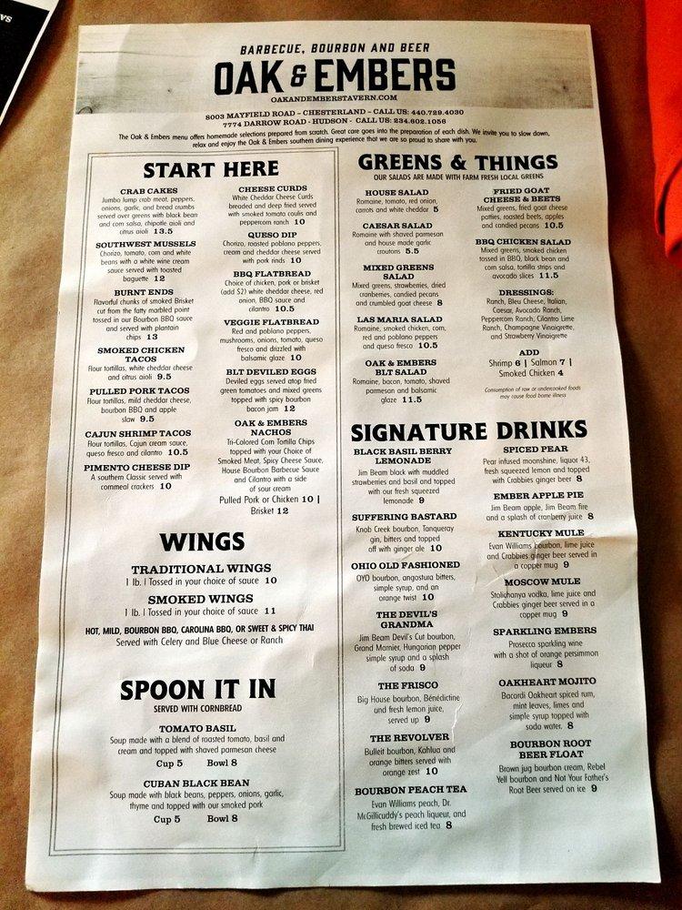 Menu at Oak and Embers Tavern Hudson pub & bar, Hudson
