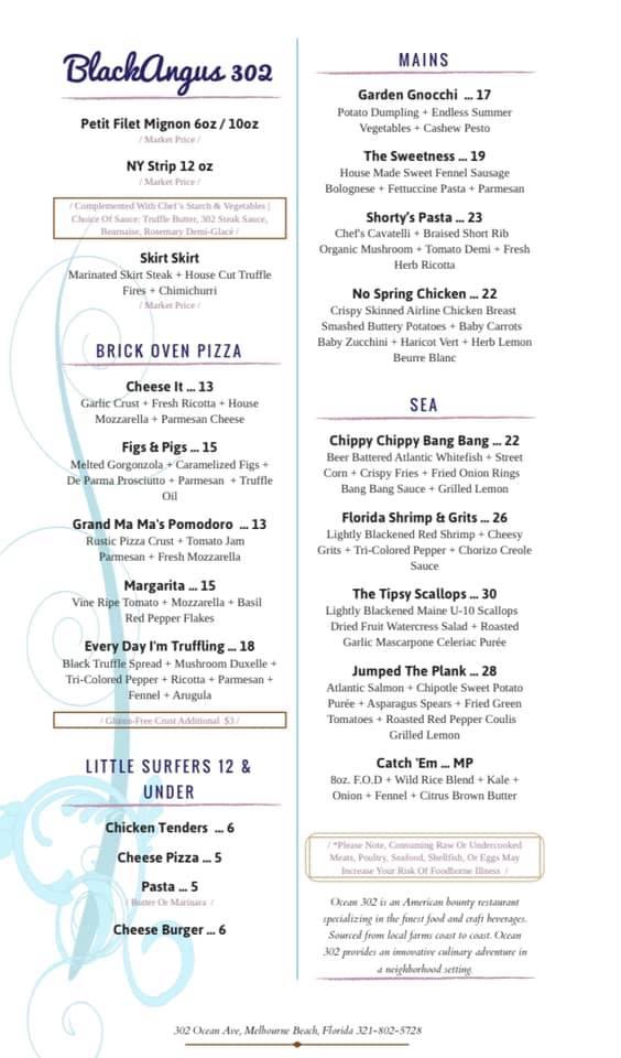 Menu at Ocean 302 steakhouse, Melbourne Beach