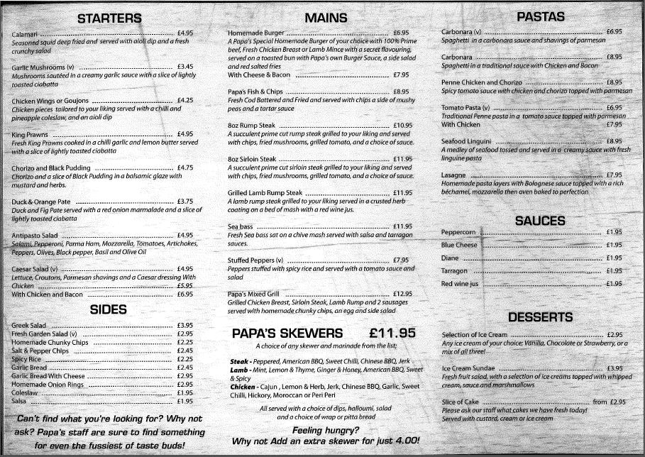 Menu at Papa's Cafe Bistro, Liverpool
