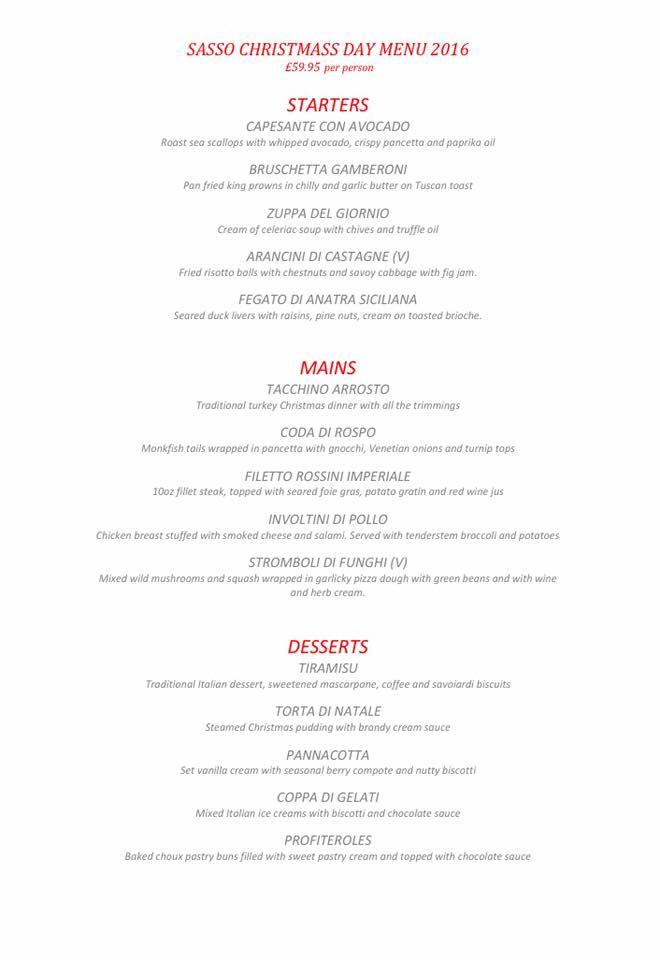 Menu at Sasso restaurant, Disley