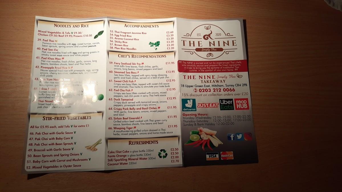 Menu at The Nine Simply Thai restaurant, Mitcham