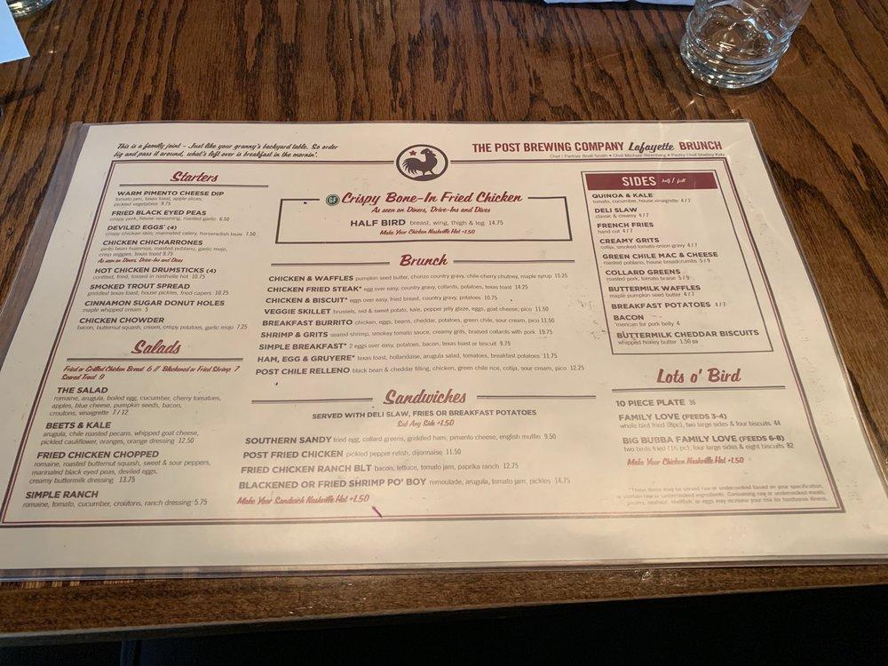 Menu at The Post Chicken & Beer restaurant, Lafayette, 105 W Emma St