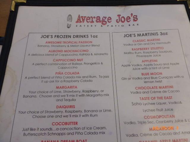 Menu at Average Joe's restaurant, North Bay