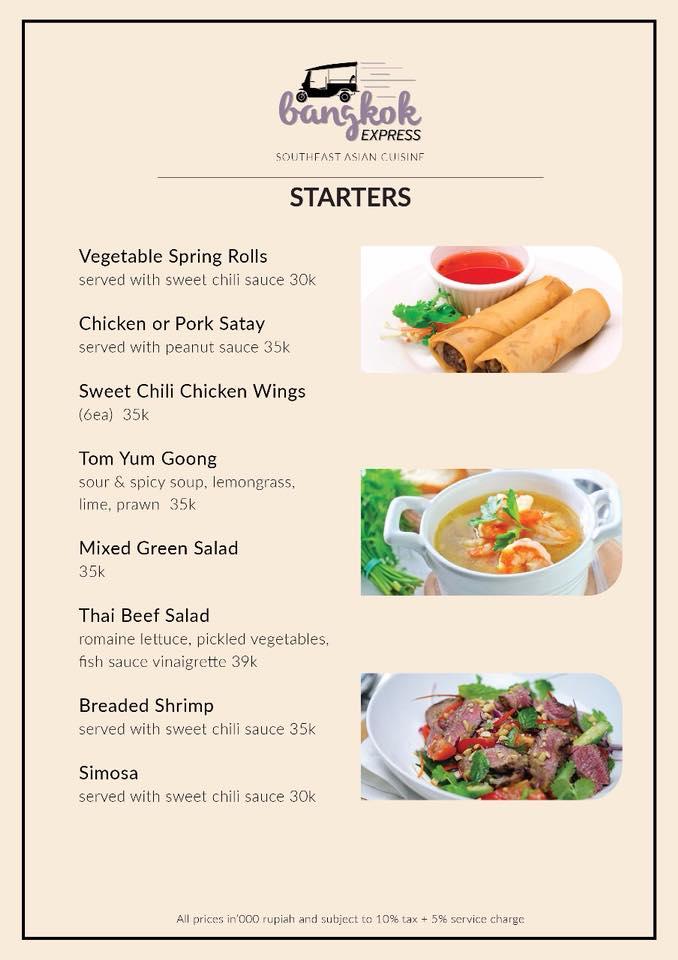 Menu at Bangkok Express restaurant, Kuta