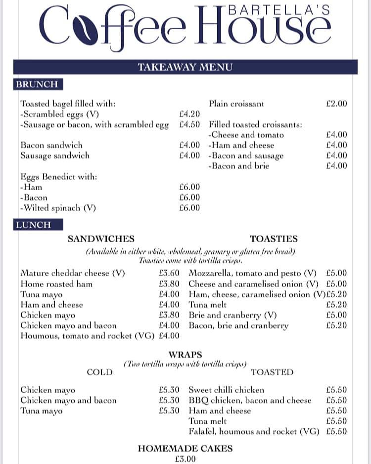 Menu at Bartella's Coffee House, Northampton