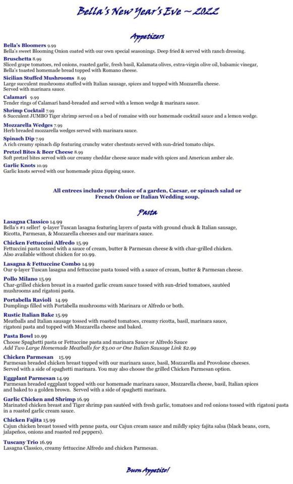 Menu at Bella's Italian Grille restaurant, Celina, W Bank Rd