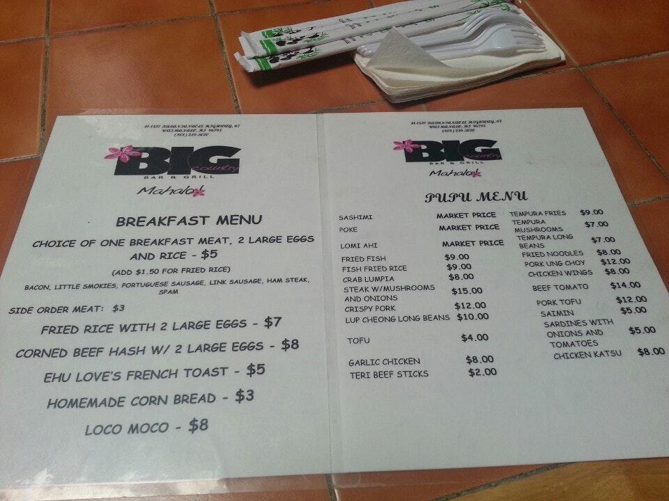 Menu at Big Country Bar & Grill, Waimanalo