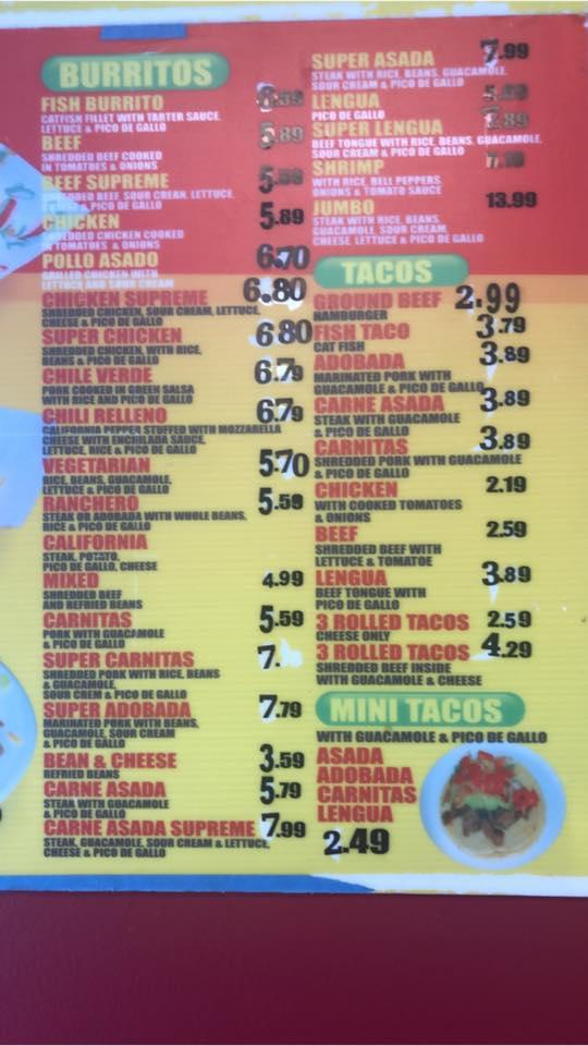 Menu at Julian's Taco Shop restaurant, Cañon City