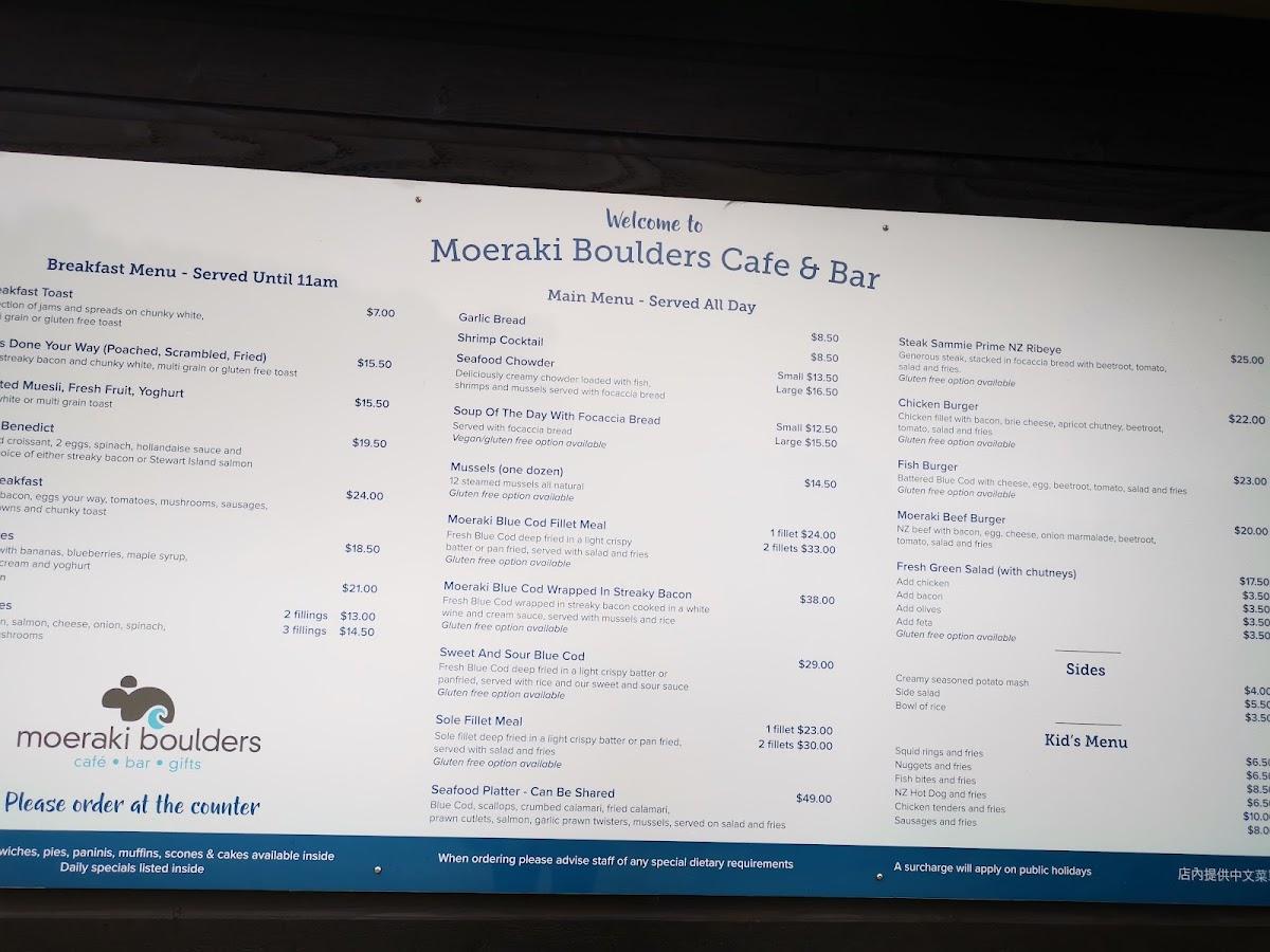 Menu at Moeraki Boulders Cafe, Hampden