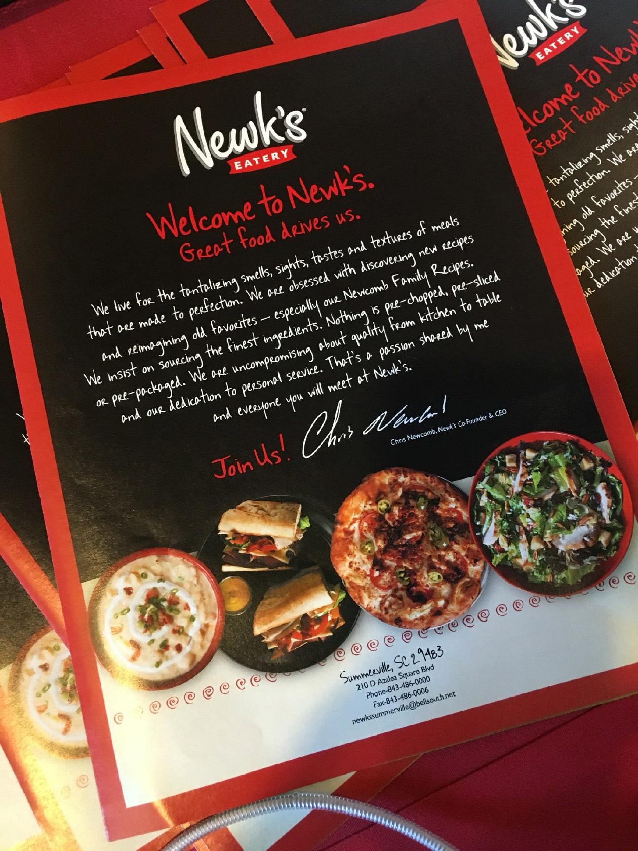 Menu at Newk's Eatery pizzeria, Summerville