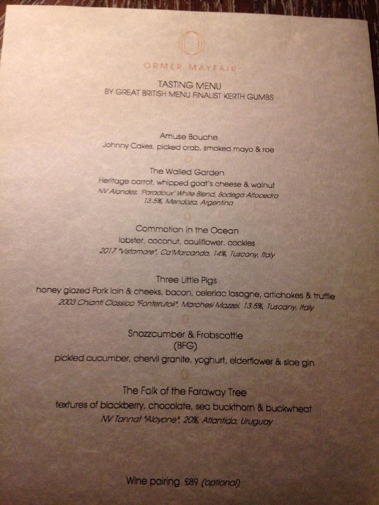 Carta de Ormer Mayfair Restaurant, Londres, Flemings Mayfair