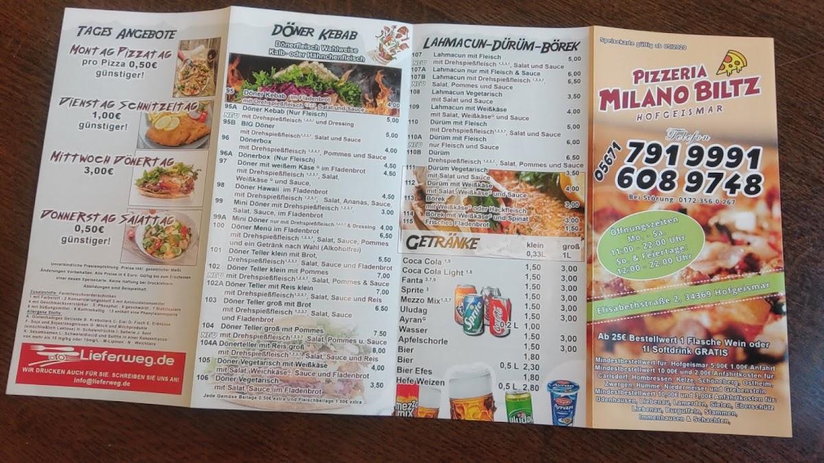 Speisekarte von Pizzeria Milano Blitz, Hofgeismar