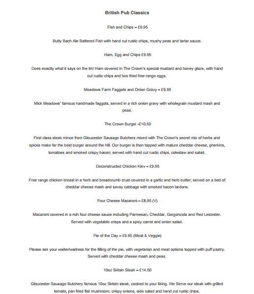 Menu at The Crown Inn restaurant, Tewkesbury, High St