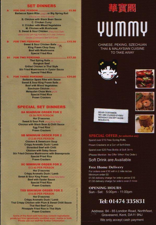 Menu at Yummy Take-Away fast food, London, 105 Seely Rd