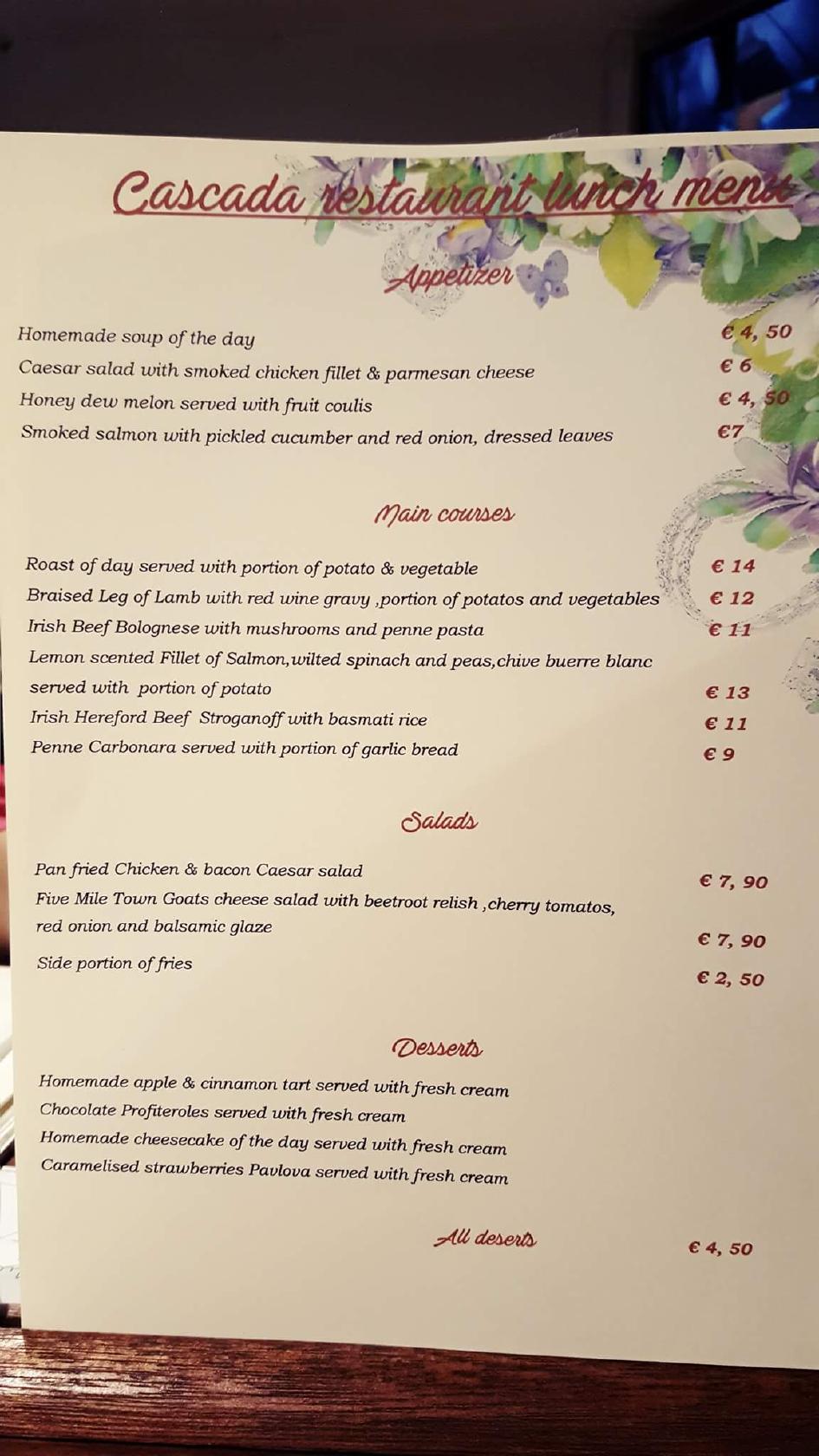 Menu at Cascada Restaurant, Ireland