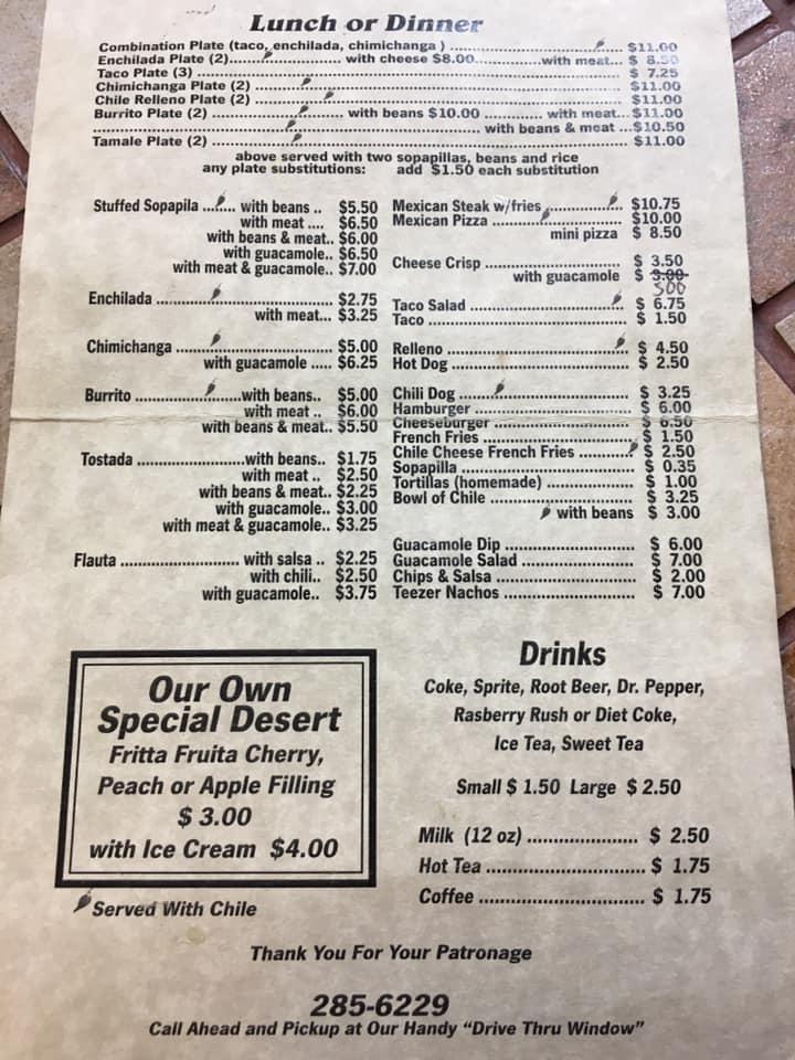 Menu at El Cafecito, Grants