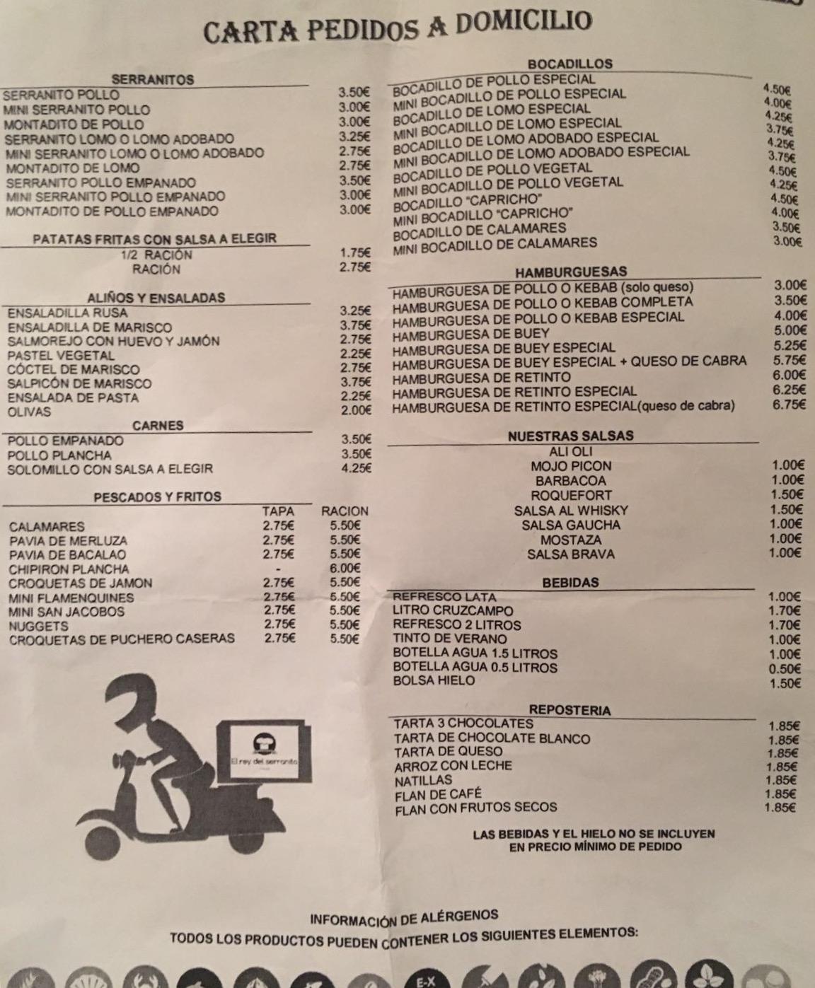 Carta de Restaurante Povea El rey del Serranito, Sevilla
