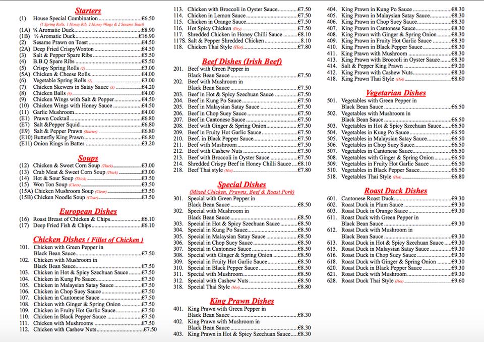 Menu at Phoenix Chinese Restaurant, Belmullet
