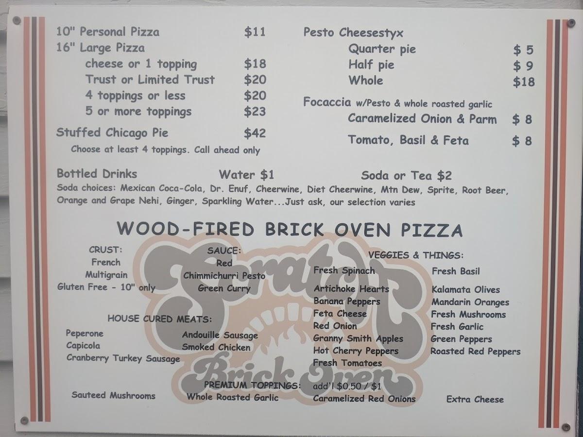 Carta de pizzería Scratch Brick Oven, Johnson City