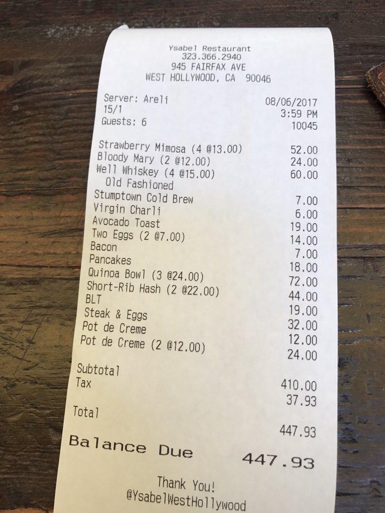 Menu at Ysabel pub & bar, West Hollywood