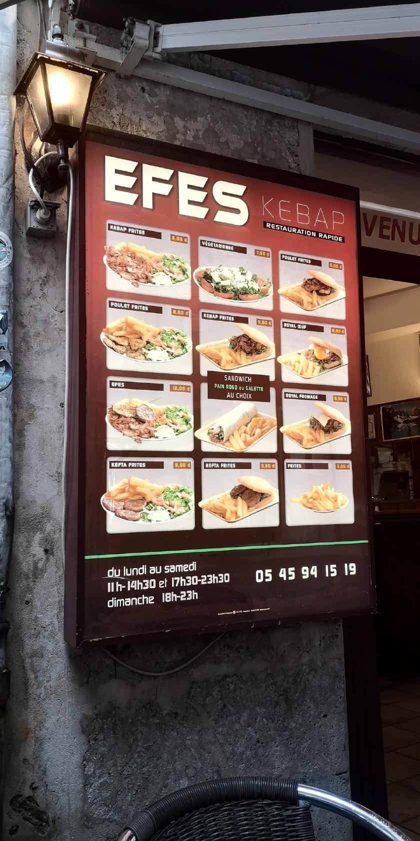 Menu at efes restaurant, Angoulême