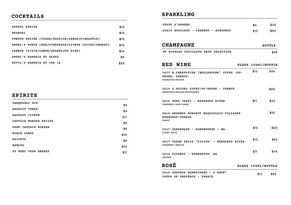 Menu at Angel's House restaurant, Fremantle