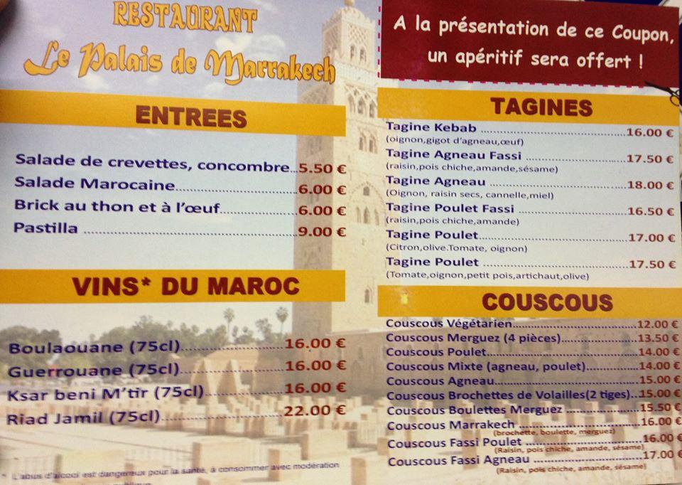Menu au Le palais de Marrakech restaurant, Villeneuve-le-Comte